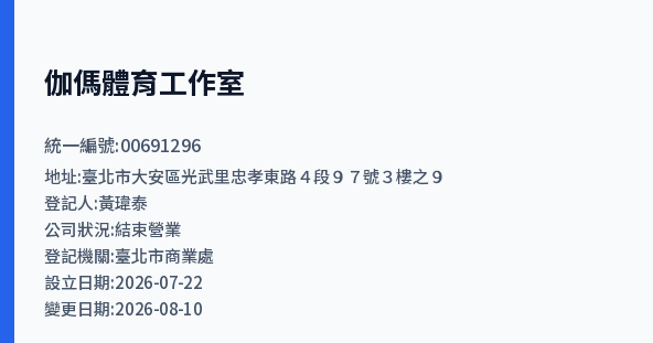 伽傌體育工作室的照片-統編 00691296(臺北市) 公司登記資料與營業項目詳細圖表