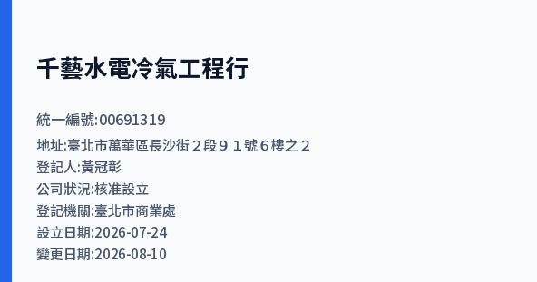 千藝水電冷氣工程行的照片-統編 00691319(臺北市) 公司登記資料與營業項目詳細圖表