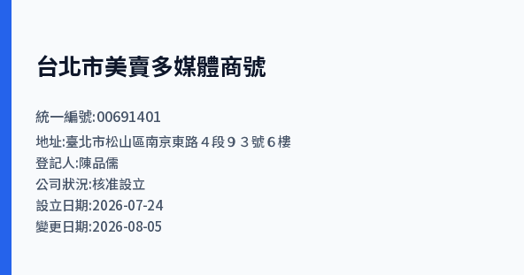 台北市美賣多媒體商號的照片-統編 00691401(臺北市) 公司登記資料與營業項目詳細圖表