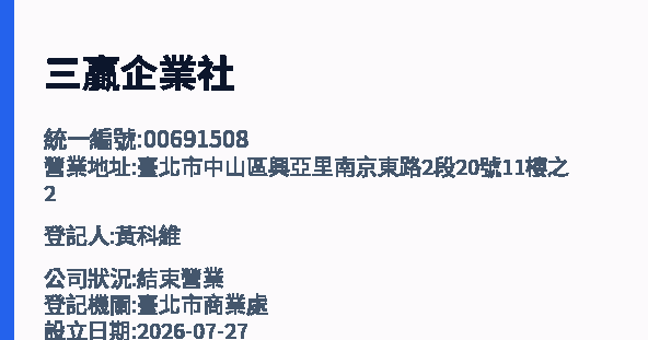 三贏企業社的照片-統編 00691508 公司登記資料與營業項目詳細圖表