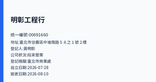 明彰工程行的照片-統編 00691660(臺北市) 公司登記資料與營業項目詳細圖表