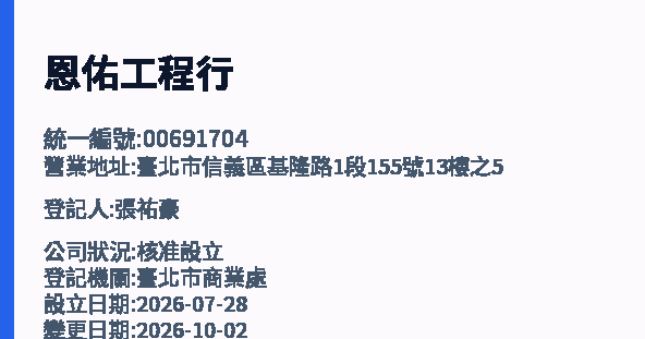 恩佑工程行的照片-統編 00691704(臺北市) 公司登記資料與營業項目詳細圖表