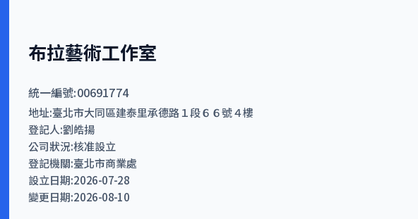 布拉藝術工作室的照片-統編 00691774(臺北市) 公司登記資料與營業項目詳細圖表