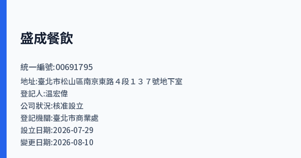 盛成餐飲的照片-統編 00691795(臺北市) 公司登記資料與營業項目詳細圖表