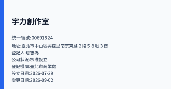 宇力創作室的照片-統編 00691824 公司登記資料與營業項目詳細圖表