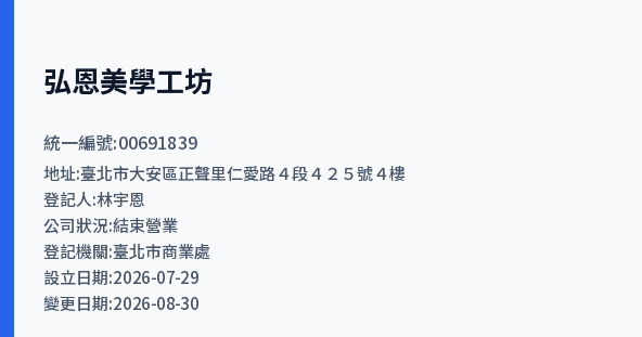 弘恩美學工坊的照片-統編 00691839(臺北市) 公司登記資料與營業項目詳細圖表