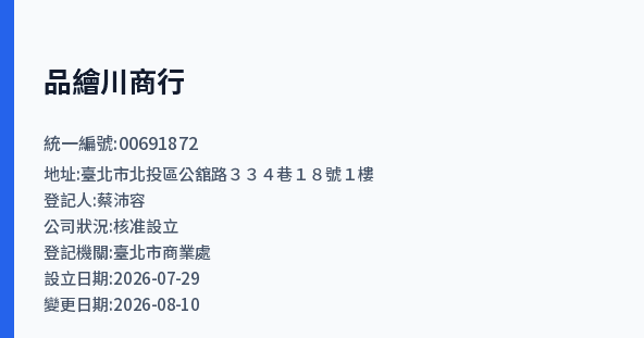 品繪川商行的照片-統編 00691872(臺北市) 公司登記資料與營業項目詳細圖表