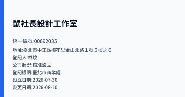 鼠社長設計工作室的照片-統編 00692035(臺北市) 公司登記資料與營業項目詳細圖表