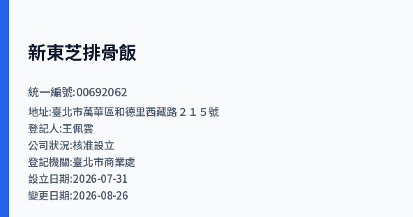 新東芝排骨飯的照片-統編 00692062(臺北市) 公司登記資料與營業項目詳細圖表