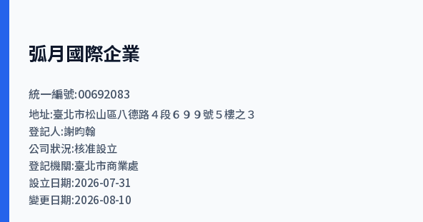 弧月國際企業的照片-統編 00692083(臺北市) 公司登記資料與營業項目詳細圖表
