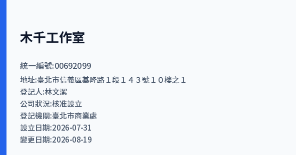 木千工作室的照片-統編 00692099(臺北市) 公司登記資料與營業項目詳細圖表