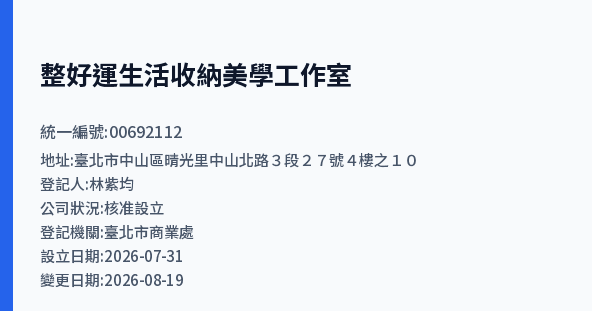 整好運生活收納美學工作室的照片-統編 00692112(臺北市) 公司登記資料與營業項目詳細圖表