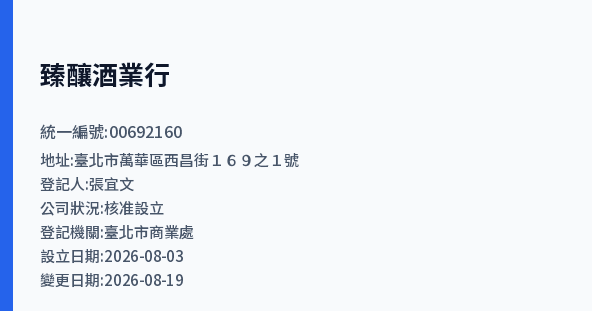 臻釀酒業行的照片-統編 00692160(臺北市) 公司登記資料與營業項目詳細圖表