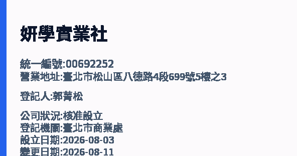 妍學實業社的照片-統編 00692252(臺北市) 公司登記資料與營業項目詳細圖表