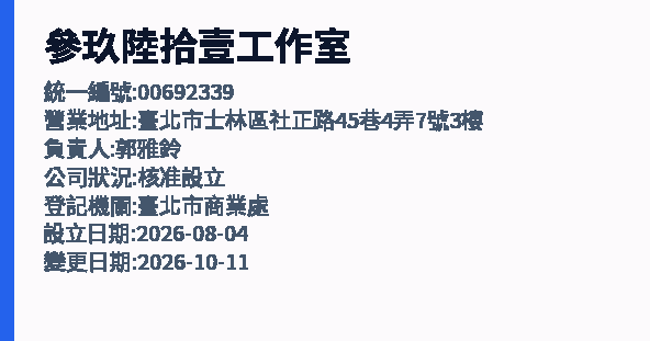 參玖陸拾壹工作室的照片-統編 00692339(臺北市) 公司登記資料與營業項目詳細圖表