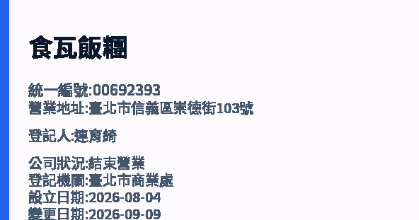 食瓦飯糰的照片-統編 00692393 公司登記資料與營業項目詳細圖表
