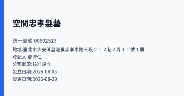 空間忠孝髮藝的照片-統編 00692513(臺北市) 公司登記資料與營業項目詳細圖表