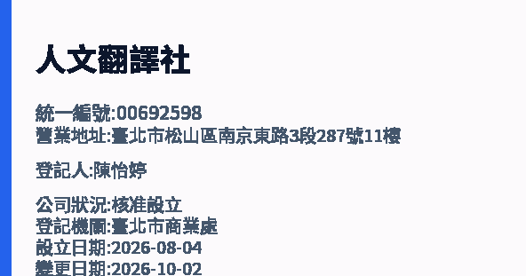 人文翻譯社的照片-統編 00692598(臺北市) 公司登記資料與營業項目詳細圖表