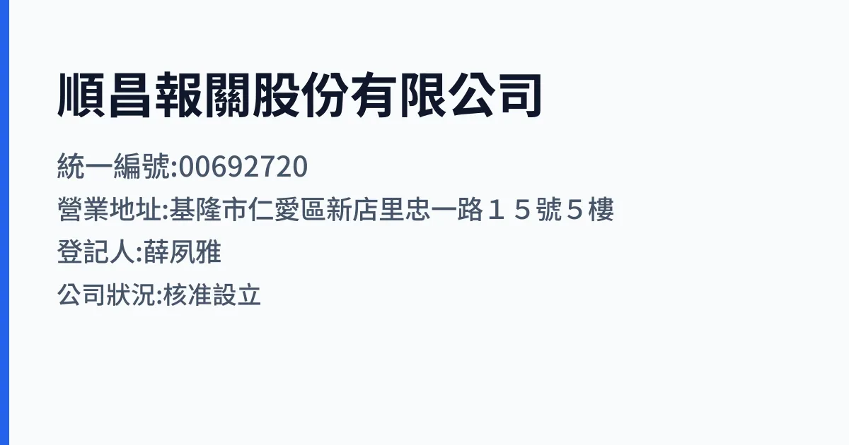 順昌報關股份有限公司 - 統編 00692720(基隆市) 公司登記資料與營業項目詳細圖表