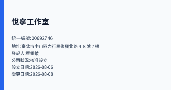 悅寧工作室的照片-統編 00692746(臺北市) 公司登記資料與營業項目詳細圖表