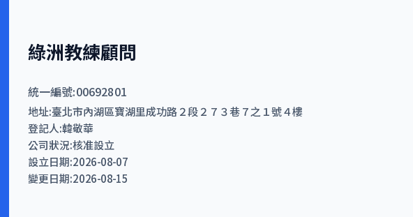綠洲教練顧問的照片-統編 00692801(臺北市) 公司登記資料與營業項目詳細圖表