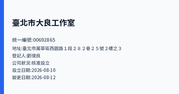 臺北市大良工作室的照片-統編 00692865(臺北市) 公司登記資料與營業項目詳細圖表
