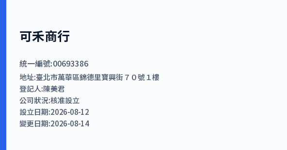 可禾商行的照片-統編 00693386(臺北市) 公司登記資料與營業項目詳細圖表