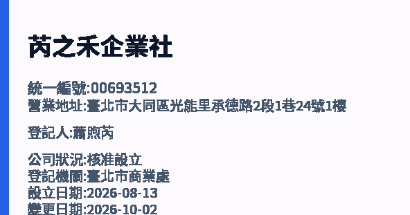 芮之禾企業社的照片-統編 00693512(臺北市) 公司登記資料與營業項目詳細圖表
