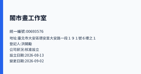 閣市畫工作室的照片-統編 00693576(臺北市) 公司登記資料與營業項目詳細圖表