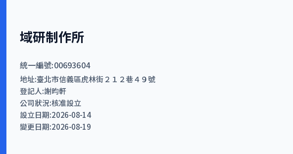 域研制作所的照片-統編 00693604(臺北市) 公司登記資料與營業項目詳細圖表