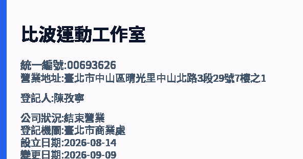 比波運動工作室的照片-統編 00693626(臺北市) 公司登記資料與營業項目詳細圖表