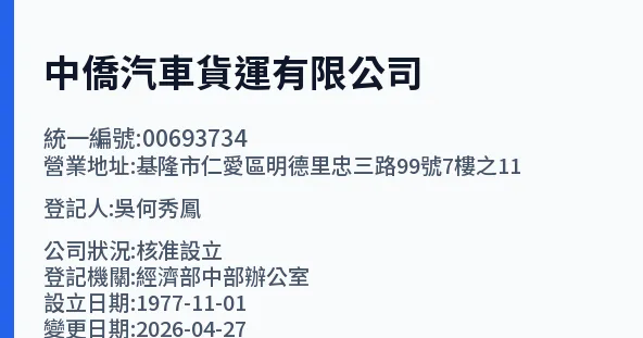 中僑汽車貨運有限公司的照片-統編 00693734(基隆市) 公司登記資料與營業項目詳細圖表