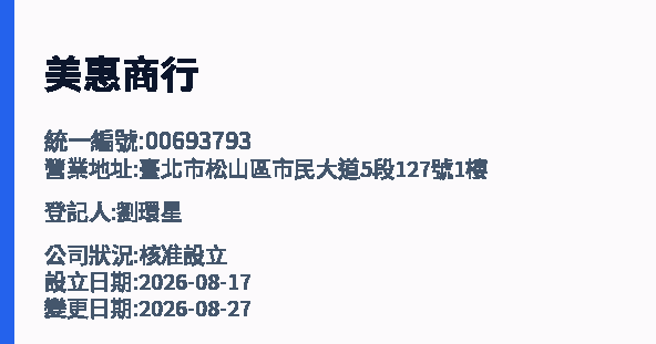美惠商行的照片-統編 00693793(臺北市) 公司登記資料與營業項目詳細圖表