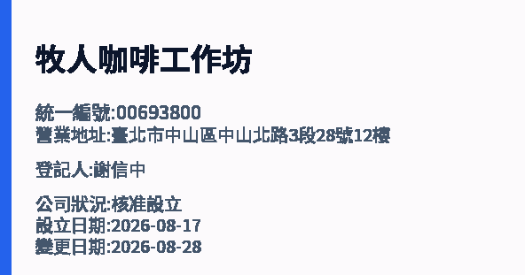 牧人咖啡工作坊的照片-統編 00693800(臺北市) 公司登記資料與營業項目詳細圖表