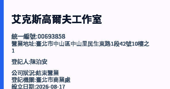 艾克斯高爾夫工作室的照片-統編 00693858(臺北市) 公司登記資料與營業項目詳細圖表