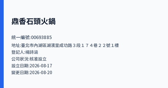 鼎香石頭火鍋的照片-統編 00693885(臺北市) 公司登記資料與營業項目詳細圖表