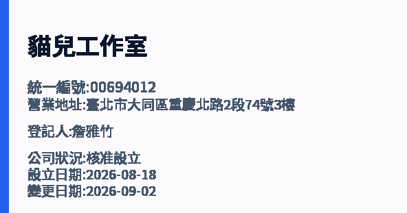 貓兒工作室的照片-統編 00694012(臺北市) 公司登記資料與營業項目詳細圖表