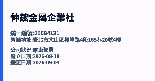 伸鋐金屬企業社的照片-統編 00694131(臺北市) 公司登記資料與營業項目詳細圖表