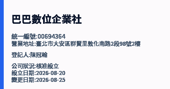 巴巴數位企業社的照片-統編 00694364(臺北市) 公司登記資料與營業項目詳細圖表