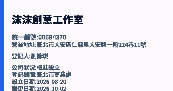 沫沫創意工作室的照片-統編 00694370(臺北市) 公司登記資料與營業項目詳細圖表