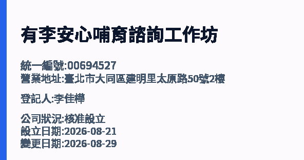 有李安心哺育諮詢工作坊的照片-統編 00694527(臺北市) 公司登記資料與營業項目詳細圖表