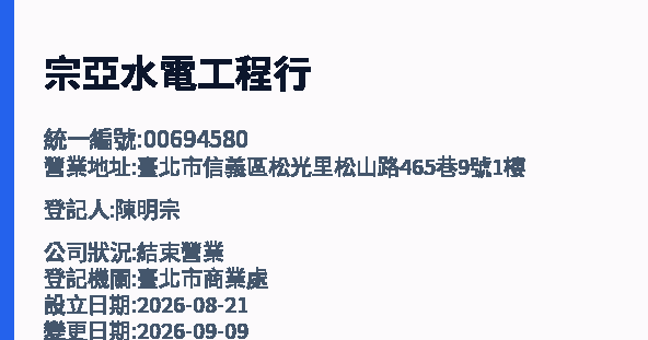宗亞水電工程行的照片-統編 00694580(臺北市) 公司登記資料與營業項目詳細圖表