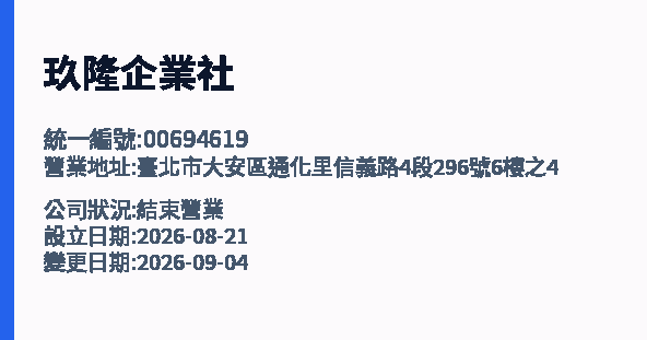 玖隆企業社的照片-統編 00694619(臺北市) 公司登記資料與營業項目詳細圖表