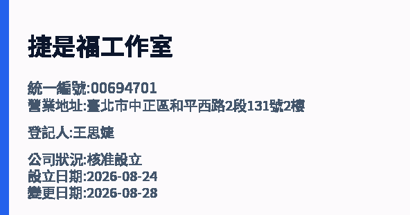 捷是福工作室的照片-統編 00694701(臺北市) 公司登記資料與營業項目詳細圖表