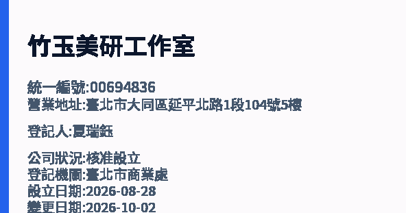 竹玉美研工作室的照片-統編 00694836(臺北市) 公司登記資料與營業項目詳細圖表