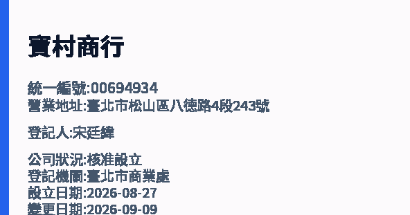寶村商行的照片-統編 00694934(臺北市) 公司登記資料與營業項目詳細圖表