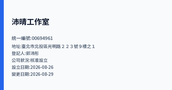 沛晴工作室的照片-統編 00694961(臺北市) 公司登記資料與營業項目詳細圖表