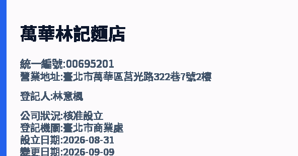 萬華林記麵店的照片-統編 00695201(臺北市) 公司登記資料與營業項目詳細圖表