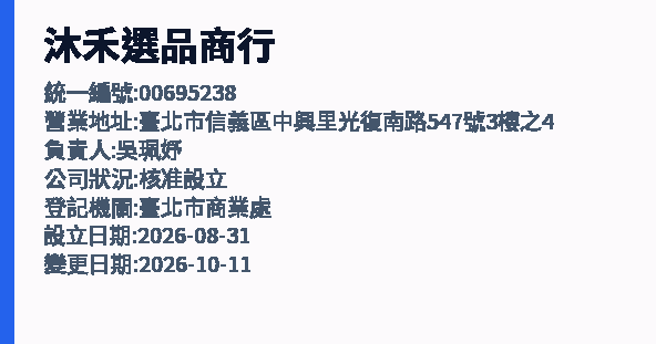 沐禾選品商行的照片-統編 00695238(臺北市) 公司登記資料與營業項目詳細圖表