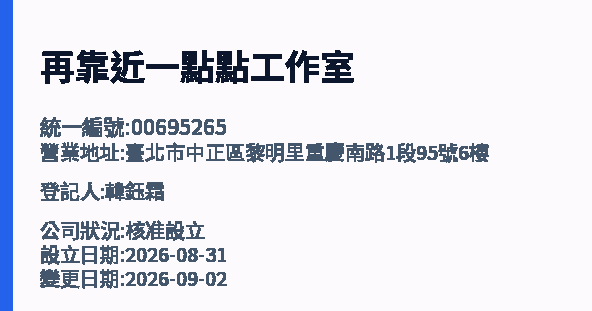 再靠近一點點工作室的照片-統編 00695265(臺北市) 公司登記資料與營業項目詳細圖表